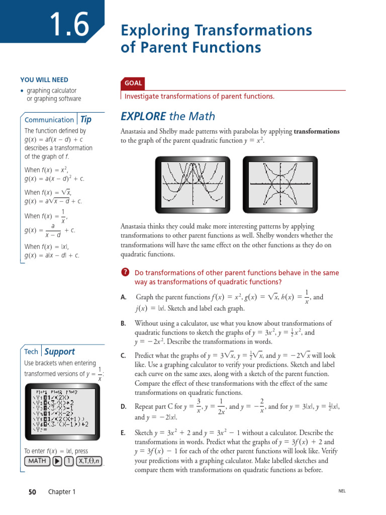 1.6 - Exploring Transformations of Parent Functions | PDF | Mathematical Analysis | Mathematics