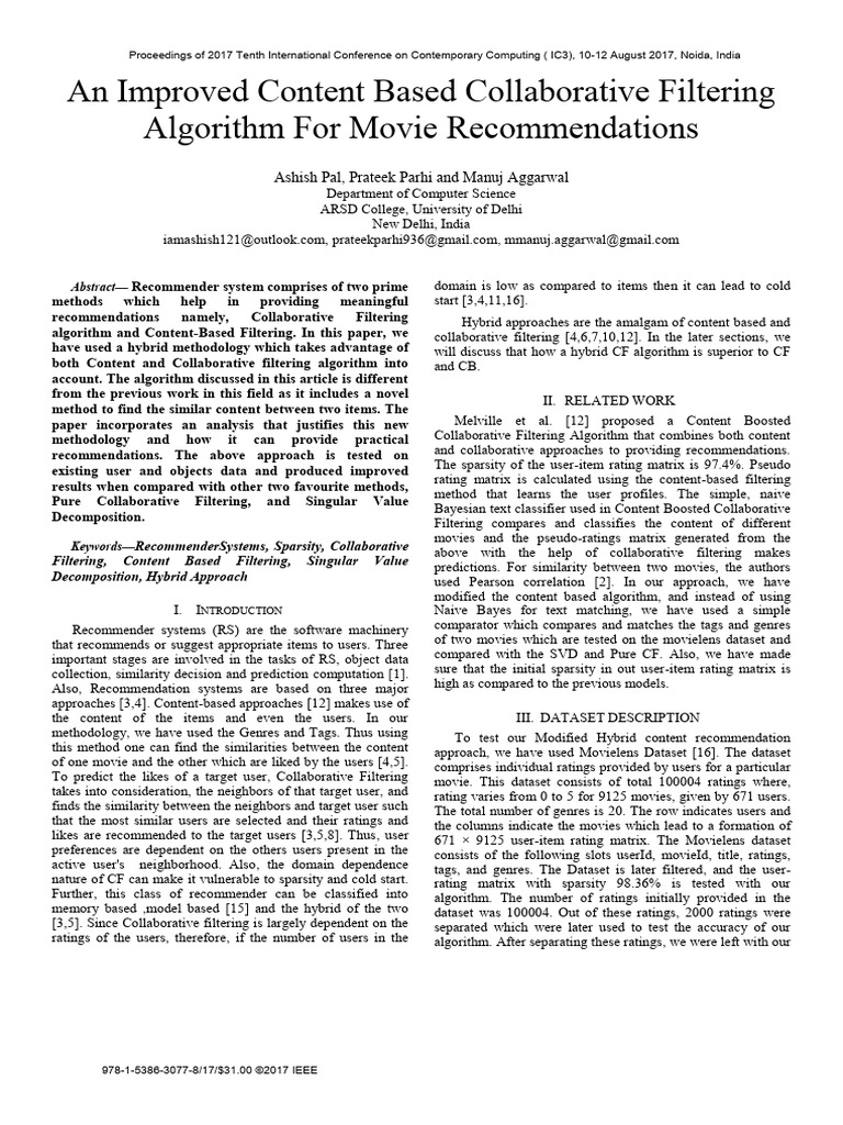 An Improved Content Based Collaborative Filtering Algorithm For Movie Recommendations Pdf