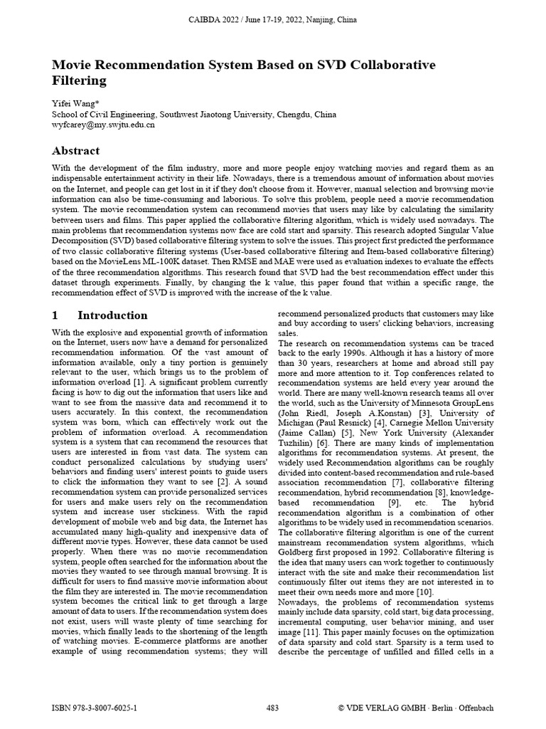 Movie Recommendation System Based On SVD Collaborative Filtering | PDF ...