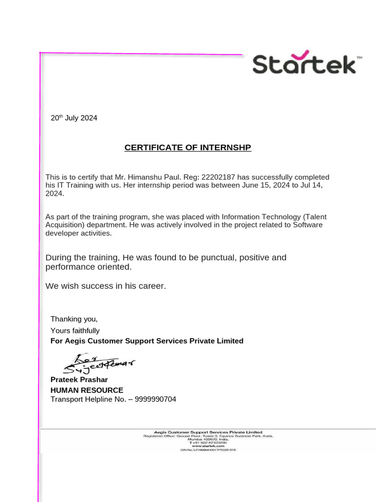 Internship Certificate for IT Training | PDF