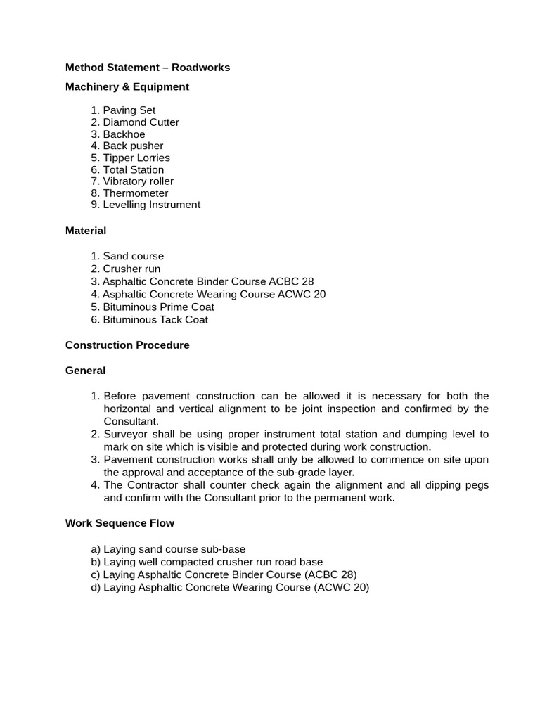 Method Statement- Roadworks | PDF | Concrete | Road Surface