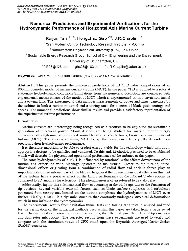Ruijun Fan, Hongchao Gao, J.R.Chaplin | PDF | Computational Fluid Dynamics | Turbine