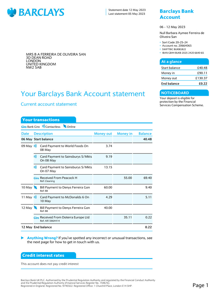 Barclays Account Statement 20-25-24 | PDF | Overdraft | Financial Services