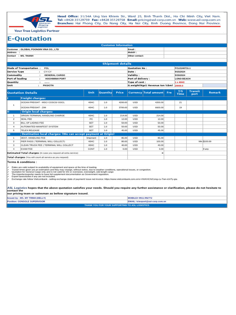 Lax - FCL Quotation From HCM - Lax Global Poongin Vina Co., LTD | PDF ...