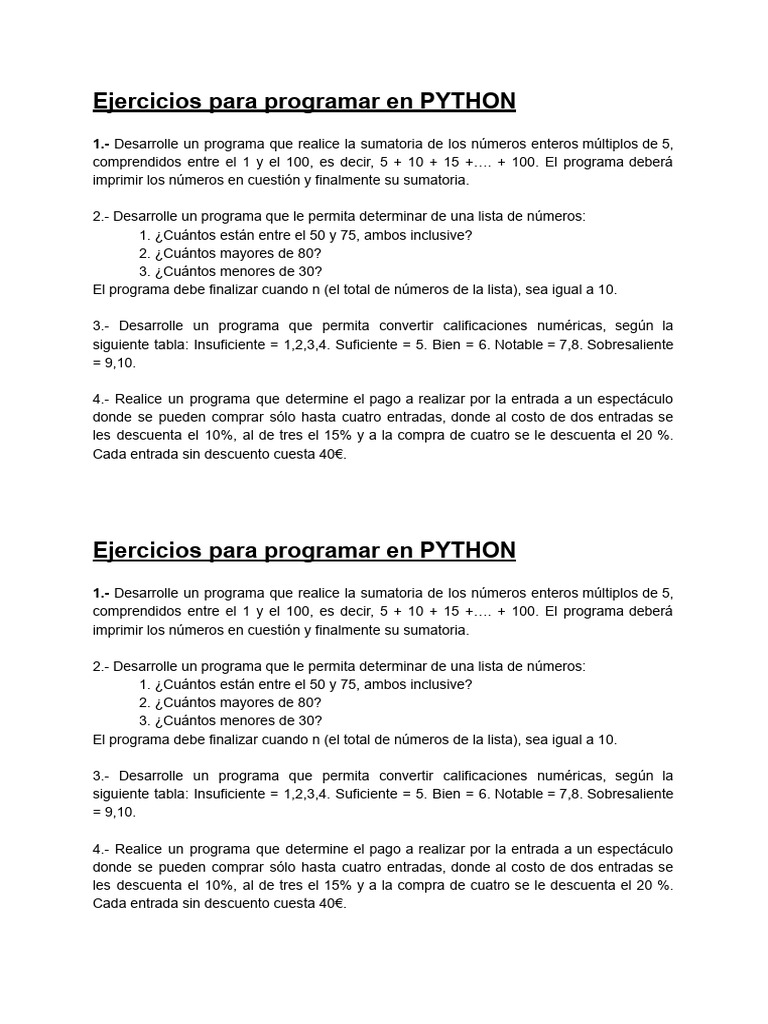 Ejercicios para programar en PYTHON | PDF