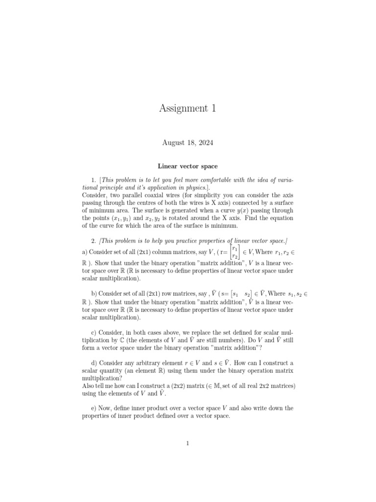 Assignment 1A Math Methods PHS 4103 Aug 24 Dec 24 | PDF | Matrix (Mathematics) | Vector Space