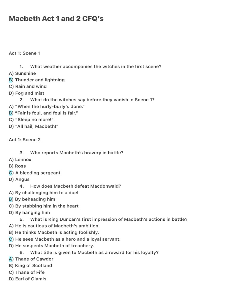 Macbeth Act 1 and 2 CFQ's | PDF | Macbeth