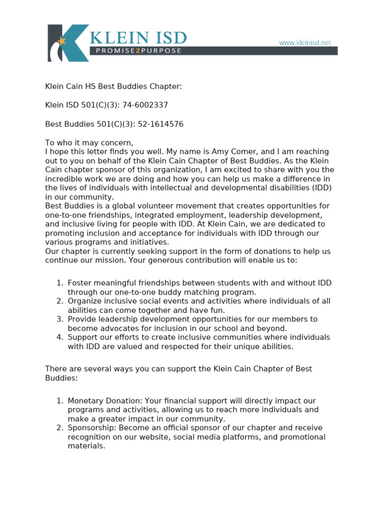 Support Klein Cain Best Buddies Chapter | PDF | Disability