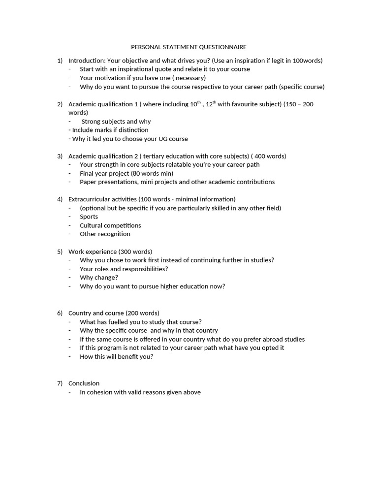 Personal Statement Questionnaire | PDF