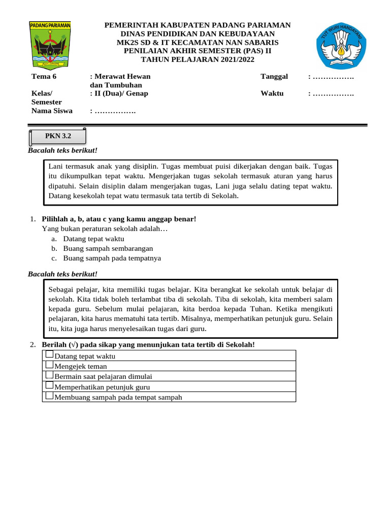 Soal Pas Tema 6 Kelas Ii | PDF