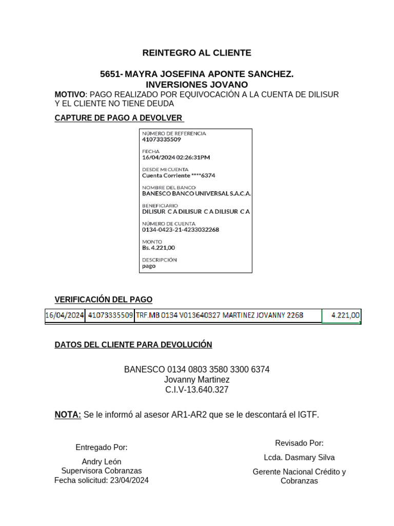 Formato Reintegro Cliente | PDF