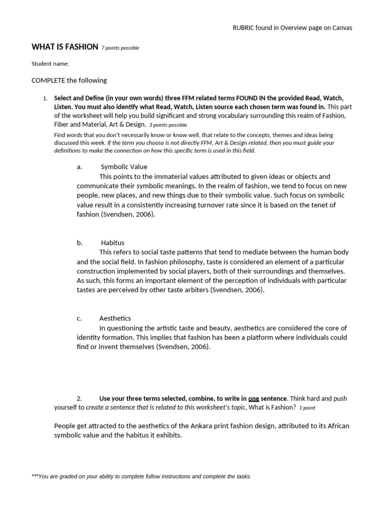 Week 3. What Is Fashion Worksheet | PDF | Aesthetics | Fashion