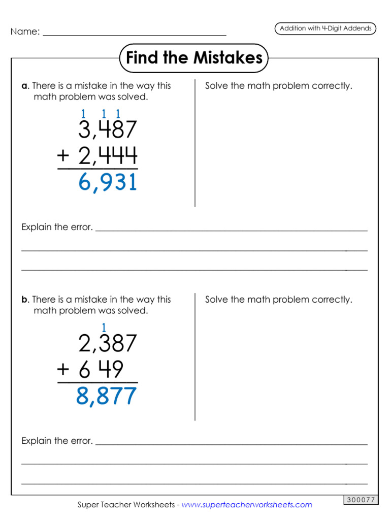 4 Digit Addition Find Mistakes - 4DIGM | PDF | Mathematics | Arithmetic