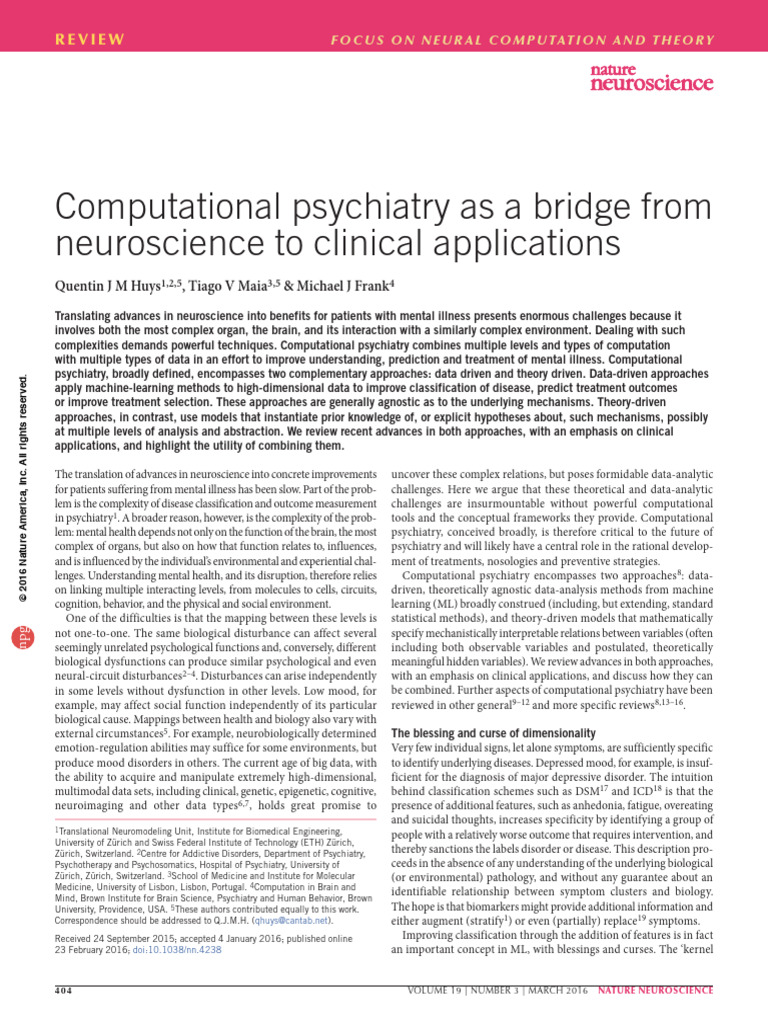 Computational Psychiatry As A Bridge From Neuroscience To Clinical Applications. | PDF | Machine ...
