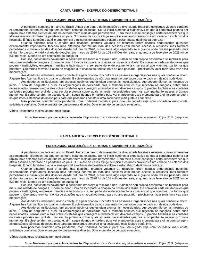 Exemplo Do Gênero Carta Aberta II | PDF | Brasil | Sociedade