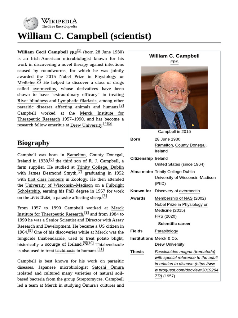 William C. Campbell: Nobel Laureate in Parasitology | PDF | Science ...