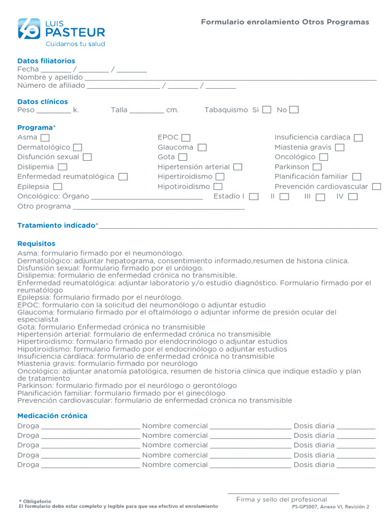 Formulario Enrolamiento Otros Programas Medicos | PDF | Enfermedades y trastornos | Medicina CLINICA