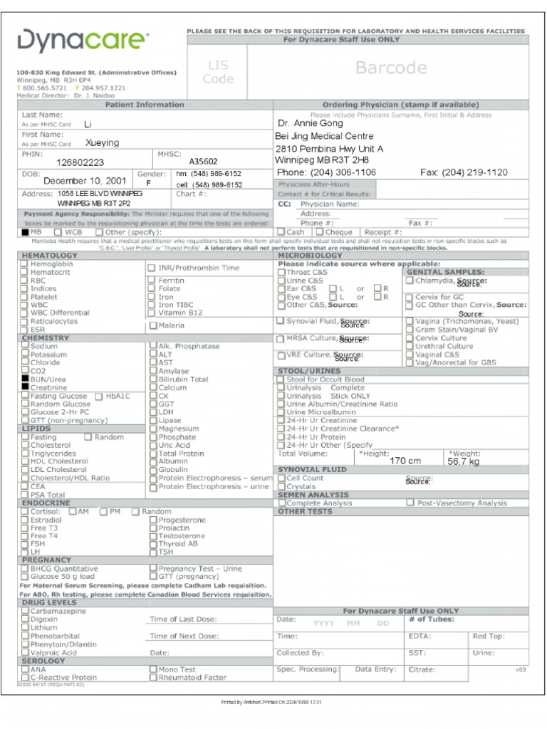 October 08 2024 Lab - Dynacare Creatinine | PDF