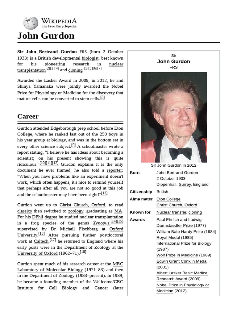 John_Gurdon | PDF | Developmental Biology | Life Sciences