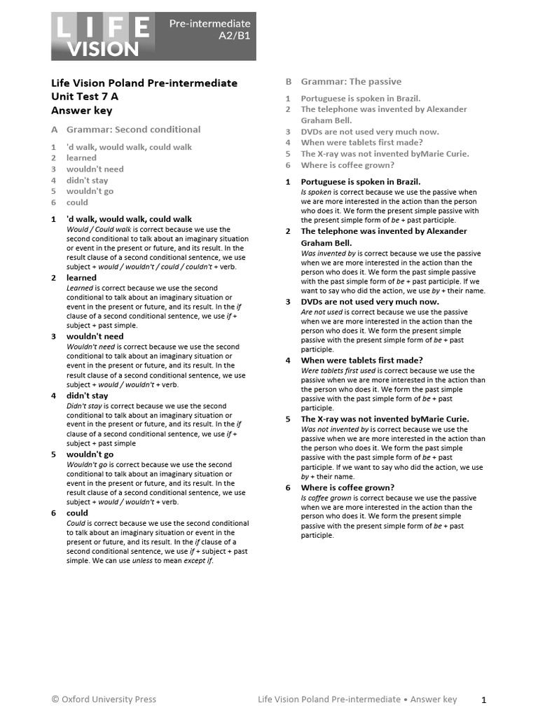 Lif Vis Pol Preint Unit 7a Answer Key 2 | PDF | Verb | Adjective