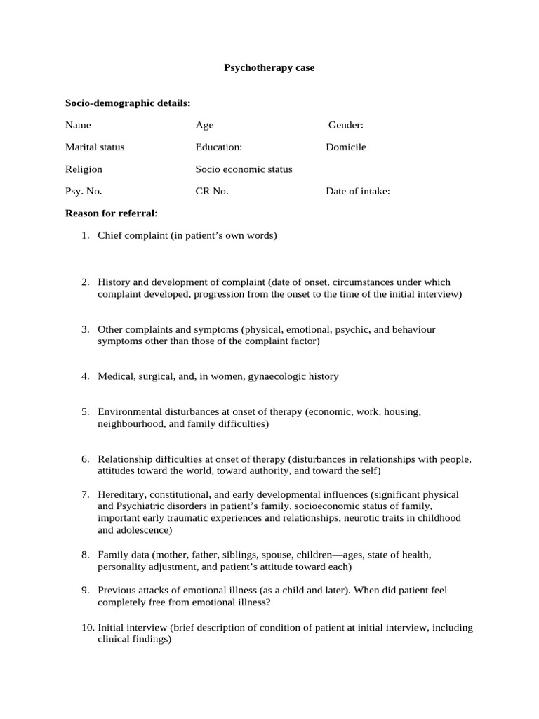 Psychotherapy Case Submission Format | PDF | Psychotherapy | Mental ...