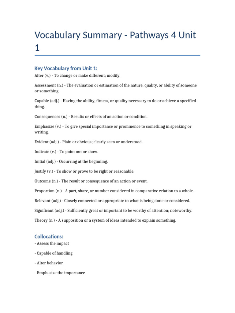 Vocabulary Summary Pathways 4 Unit 1 | PDF | Career & Growth | Language ...