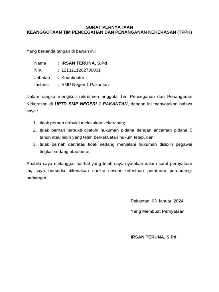 Surat Pernyataan Keanggotaan TPPK | PDF | Ilmu Sosial