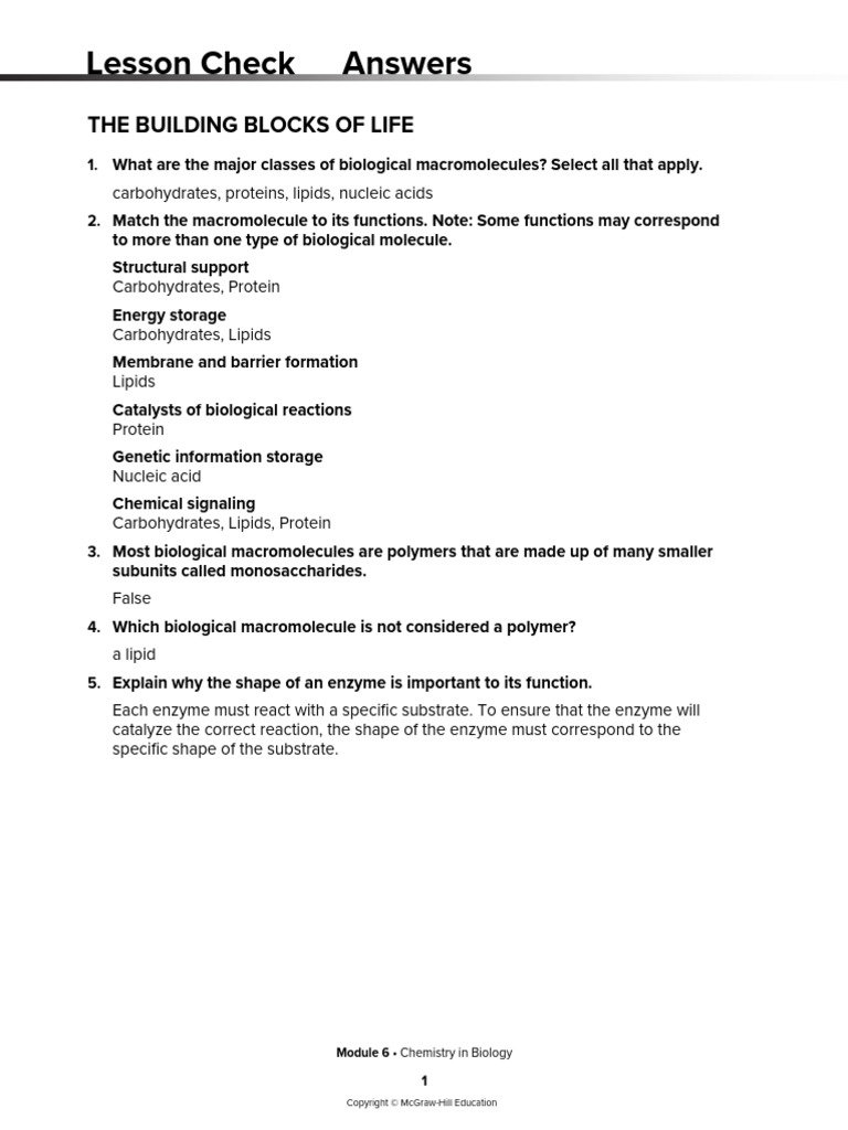 Lesson+Check+Answer+Key the+Building+Blocks+of+Life | PDF