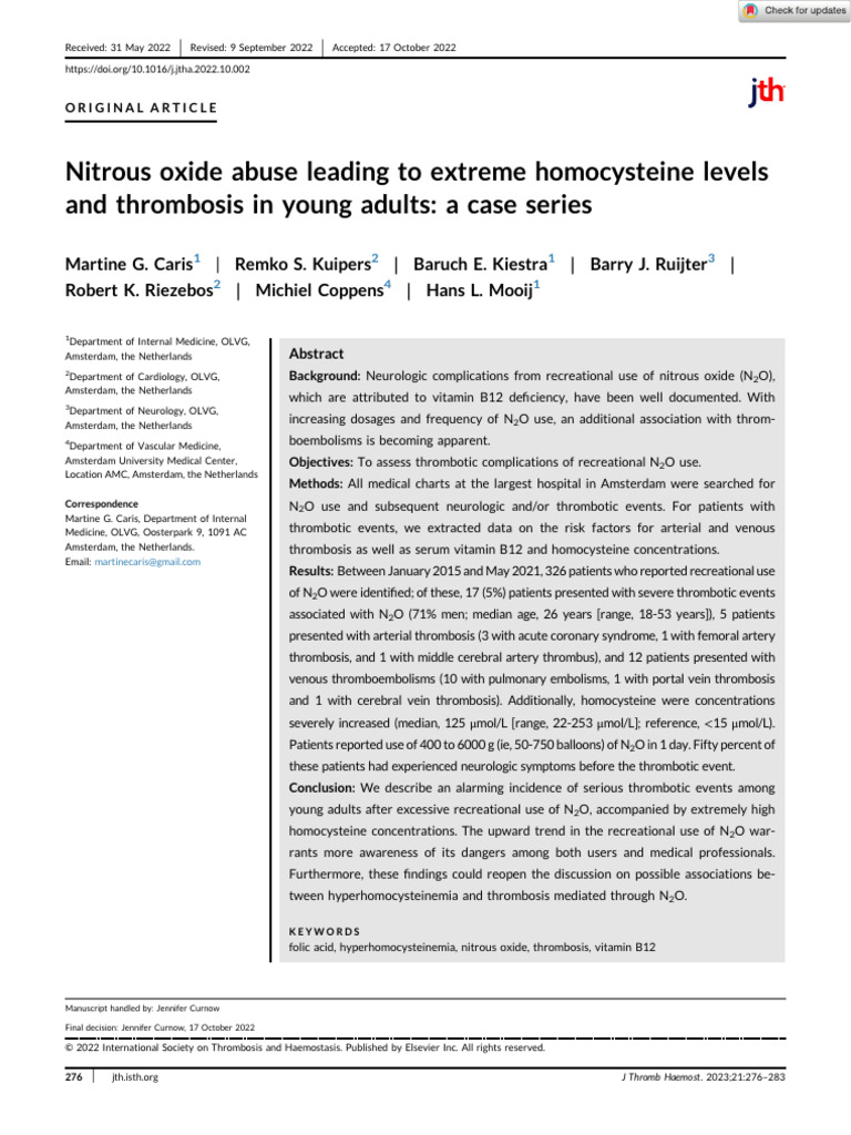 Nitrous Oxide Abuse Leading To Extreme Homocystein | PDF | Thrombosis ...