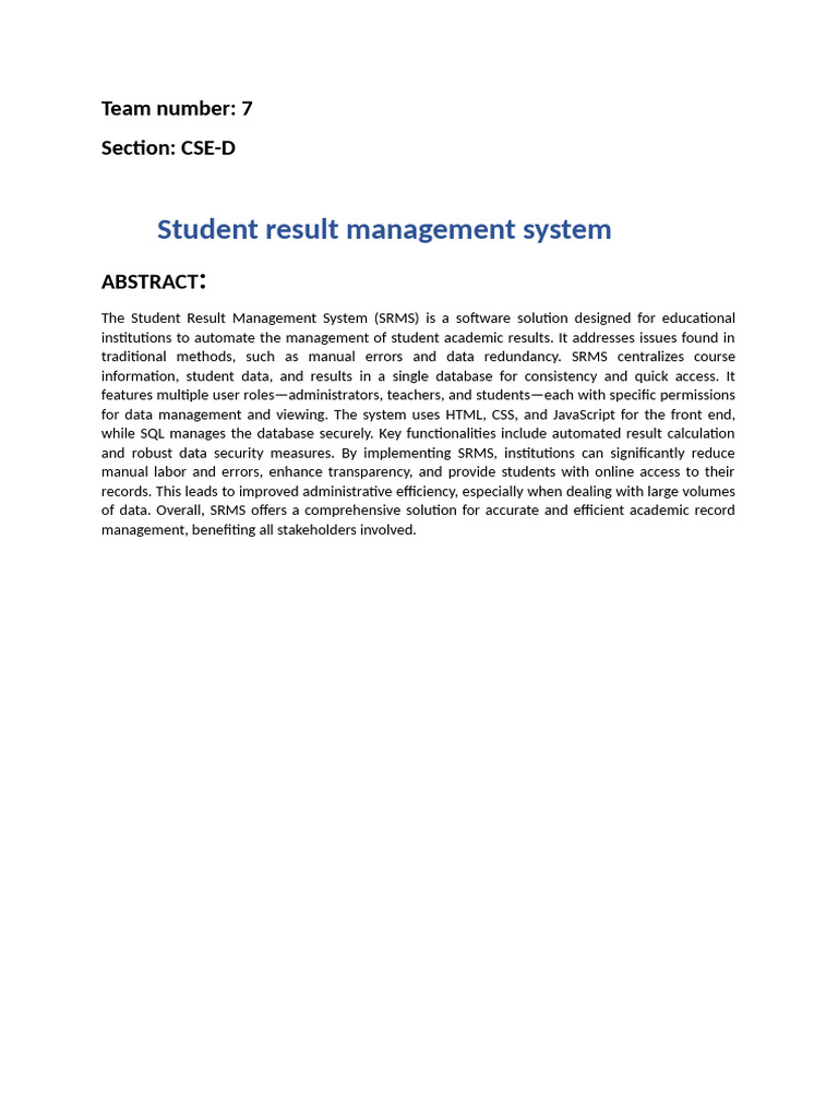 Abstract-Student Result Management System | PDF