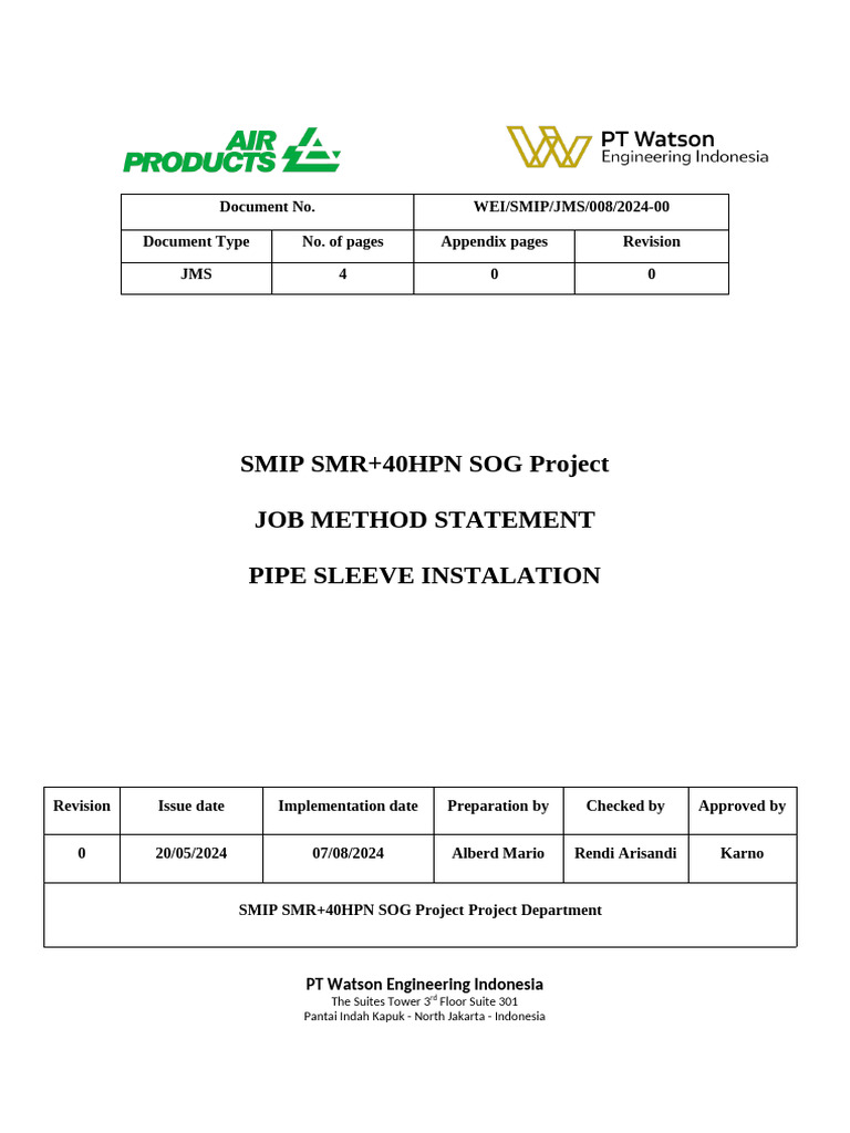 WEI-SMIP-JMS-008-2024-00 JMS - Pipe Sleeve Instalation | PDF | Concrete | Pipe (Fluid Conveyance)