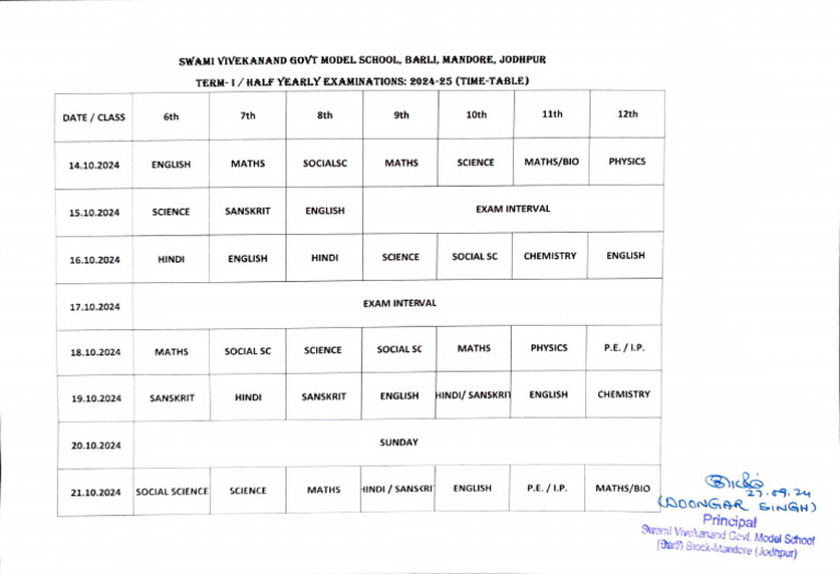 6 To 12 Time Table Half Yearly | PDF