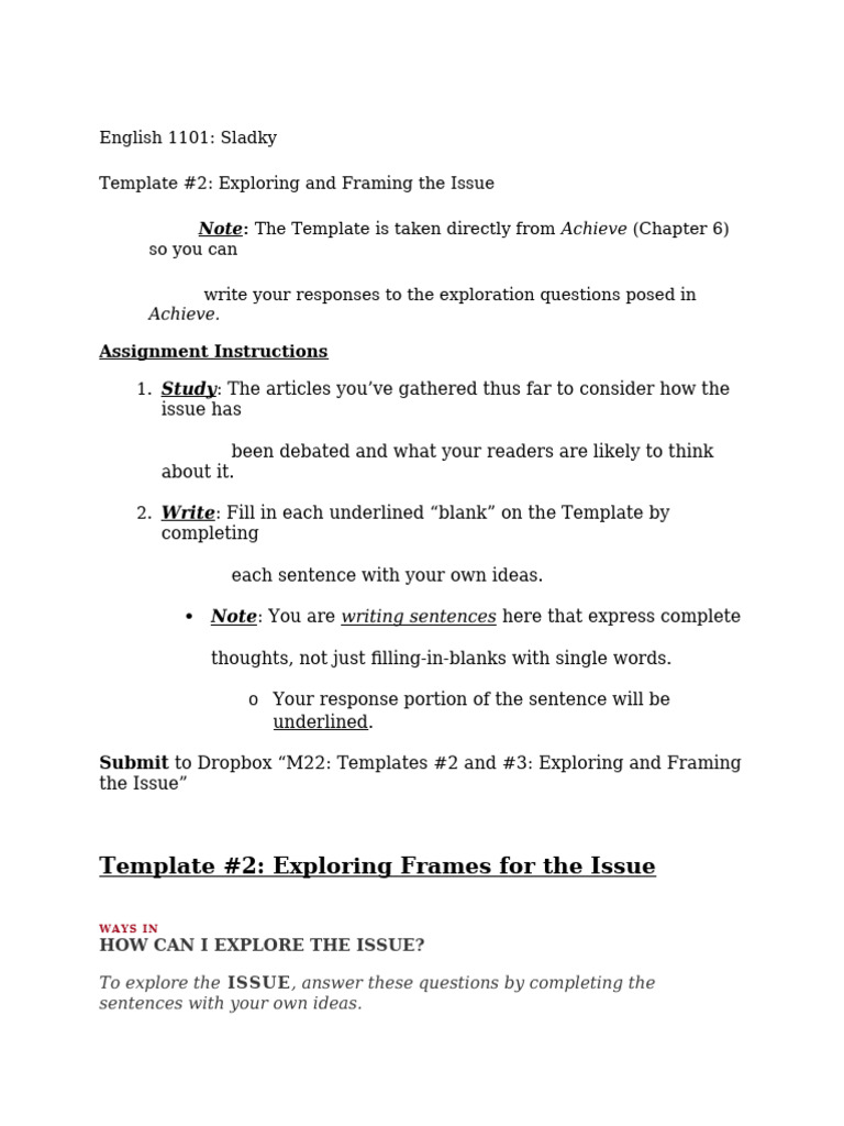 English 1101 M22 Template #2 Exploring and Framing The Issue SP24 | PDF ...