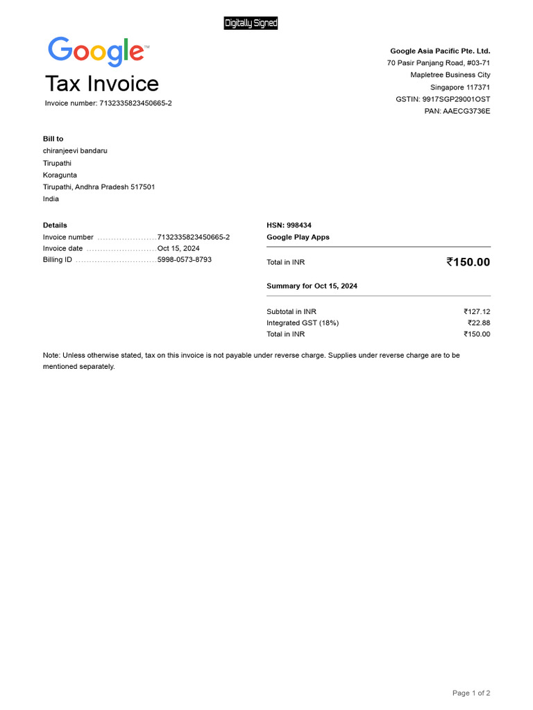 Tax Invoice: Google Asia Pacific Pte. LTD | PDF | Invoice | Business ...