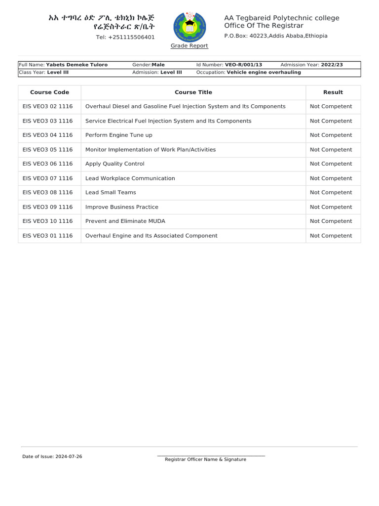 Yabets Demeke Tuloro Grade Report | PDF