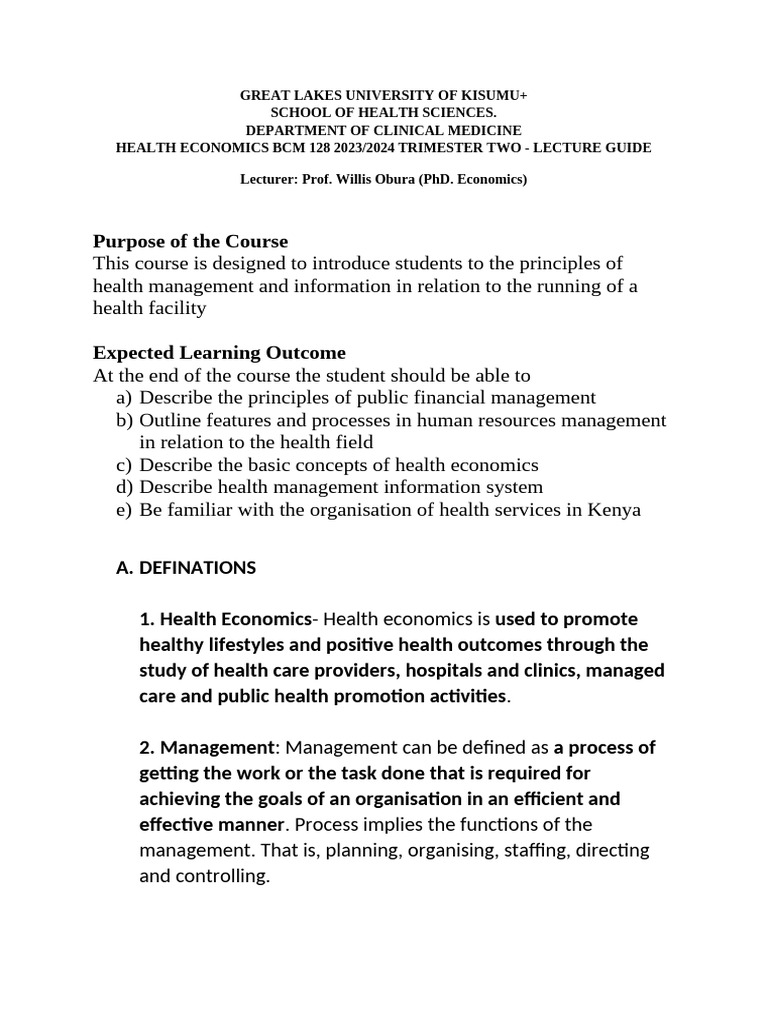 Health Economics and Management Guide | PDF | Audit | Business