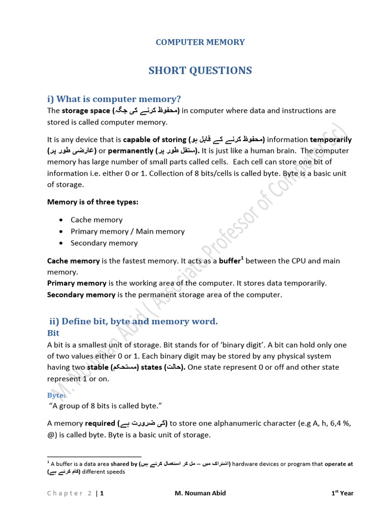 CH 2 1st Year (Nouman) Computer Memory | PDF | Random Access Memory | Computer Data Storage