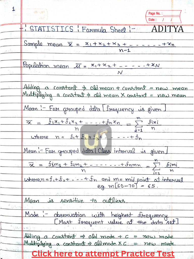 Statistics Formula Sheet by Unknown IITians | PDF