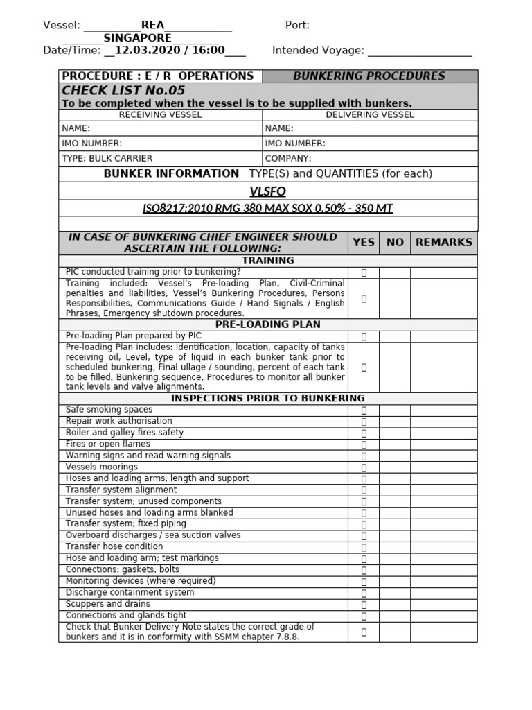 CHECK LIST No.05 BUNKERING PRE-LOADING PLAN | PDF