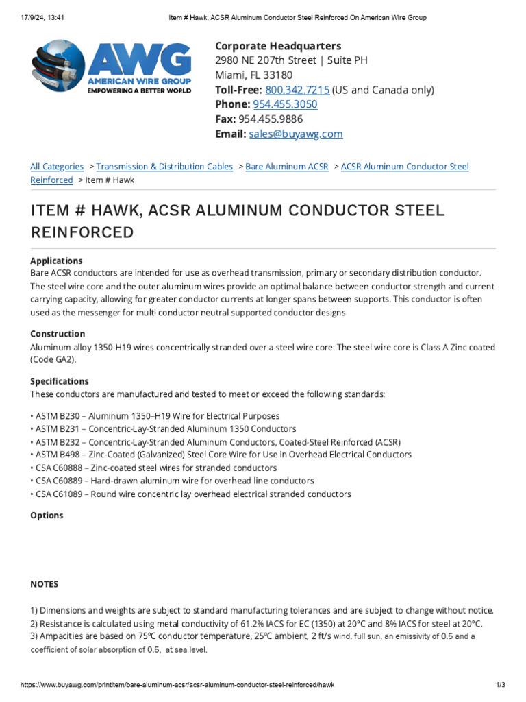 Item # Hawk, ACSR Aluminum Conductor Steel Reinforced On American Wire ...