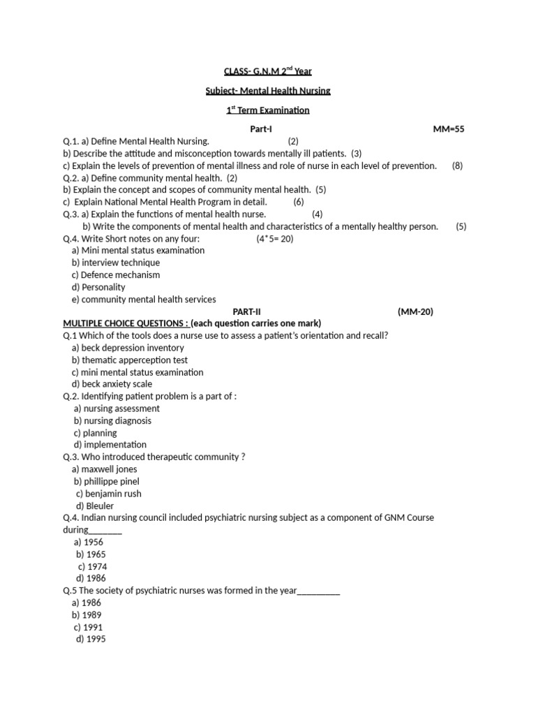 Mental Health Nursing Exam Guide | PDF | Mental Health | Psychiatry