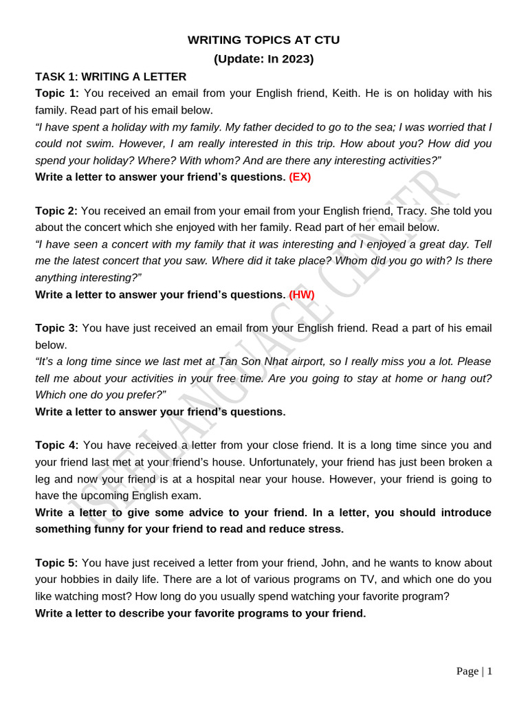 b1 - Writing Topics in Ctu Update t10 - Y23 Follow Topics | PDF ...