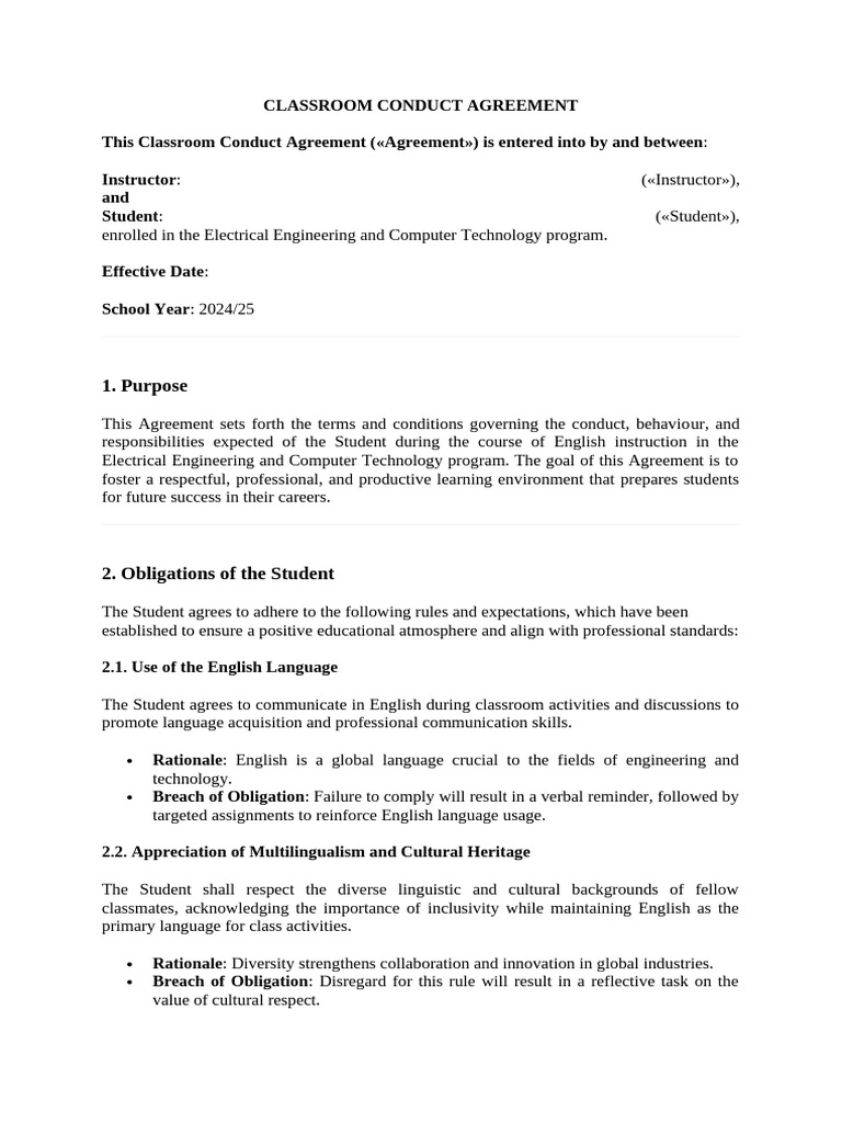 Classroom Conduct Agreement (Template) | PDF | Teachers | Teaching Method