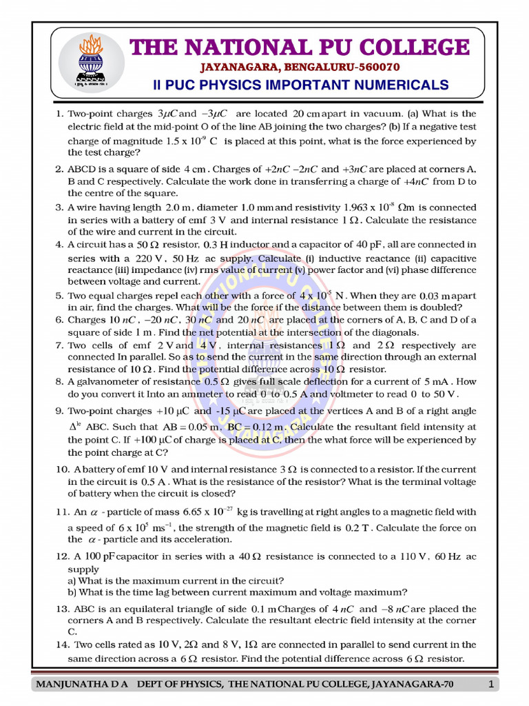 II PUC Phy Numericals(1) | PDF