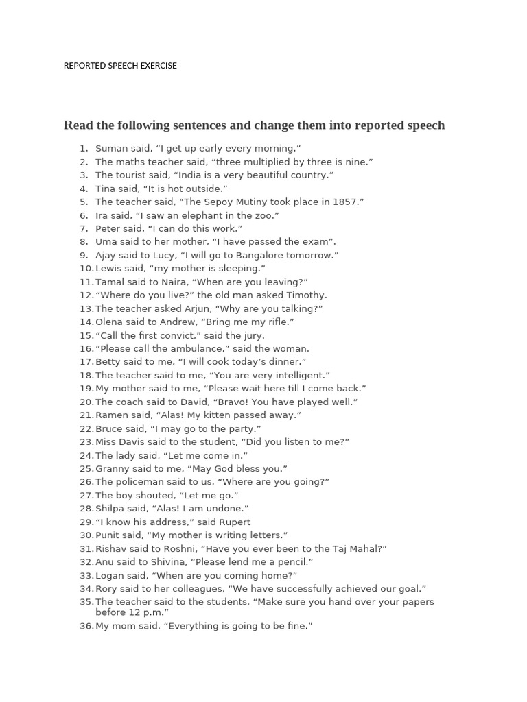 Reported Speech Exercises for Class 9 | PDF