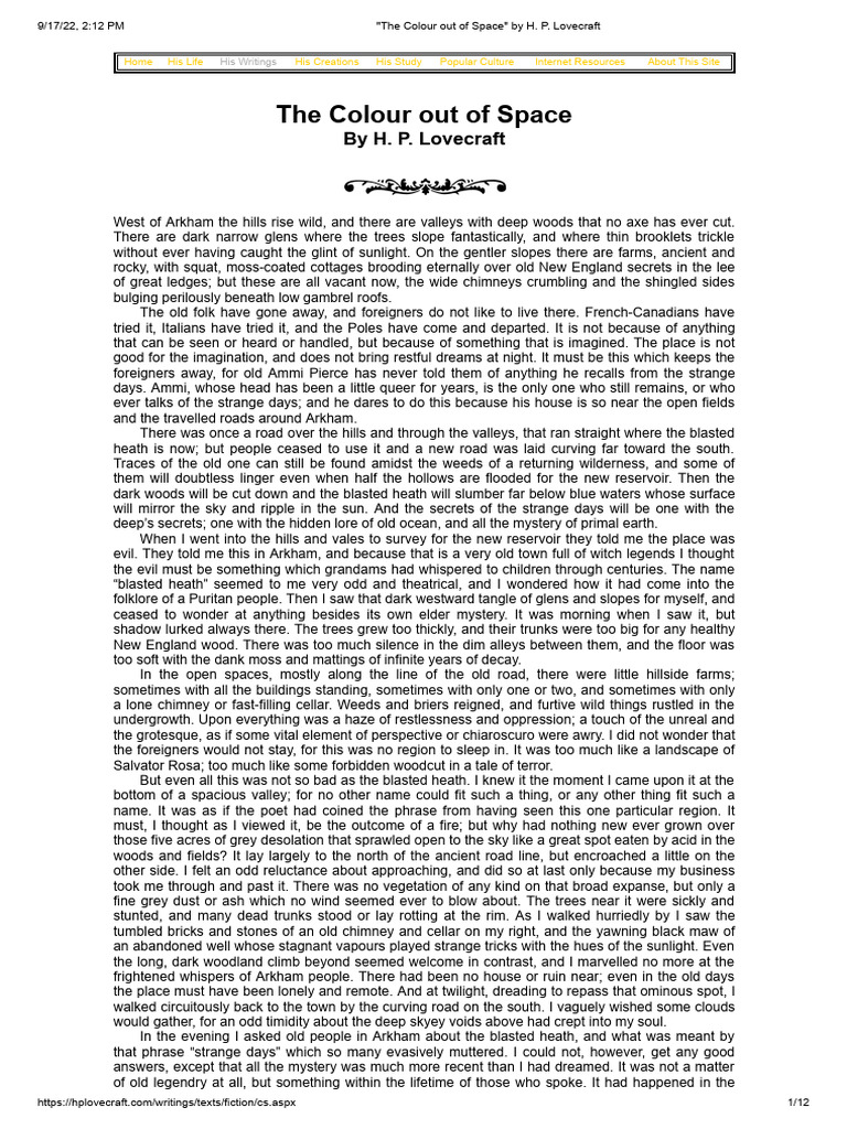 The Colour Out of Space Analysis | PDF
