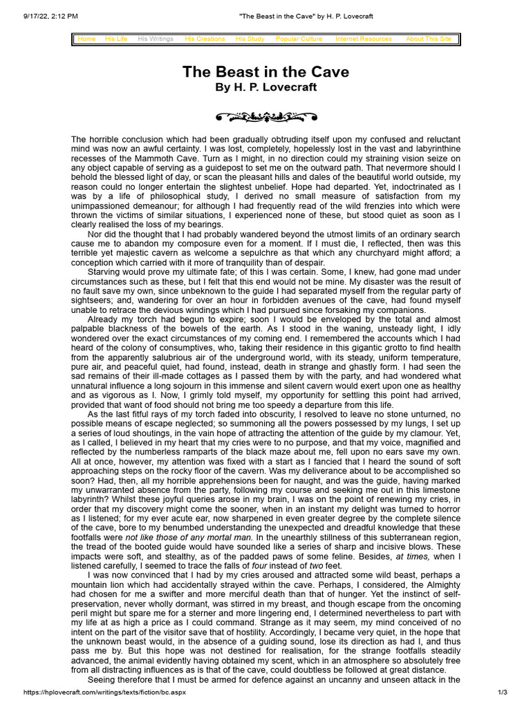 The Beast in The Cave - H.P. Lovecraft (READ) | PDF | Religion ...