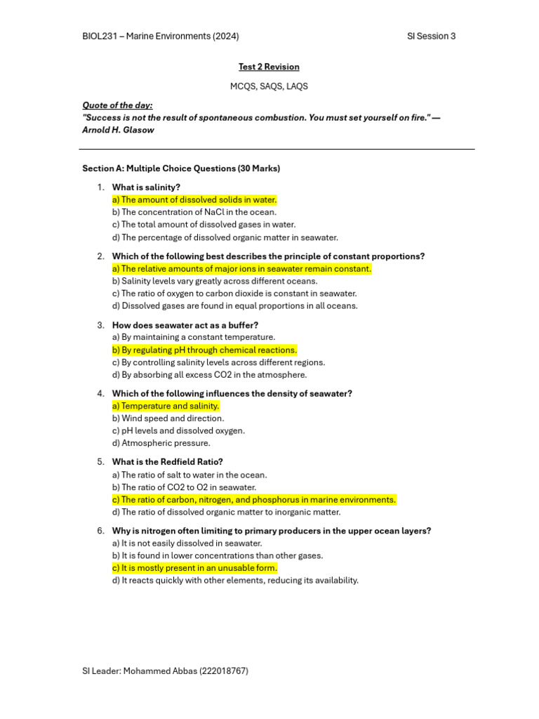 SI Worksheet 3 MCQ MEMO | PDF | Oceans | Seawater