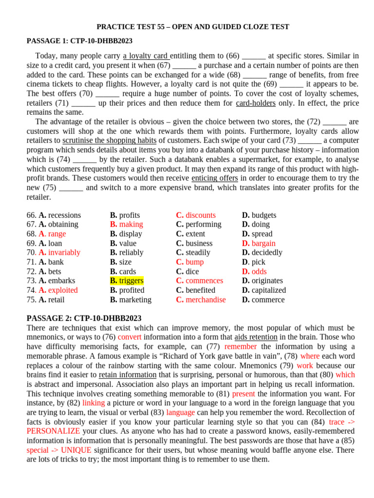 Practice Test 55 - Open Cloze + Guided Cloze - Advanced | PDF ...