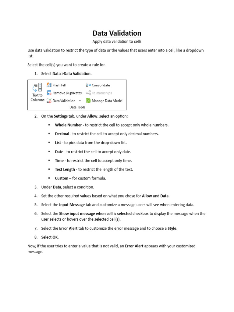 Data Validation in Excel | PDF
